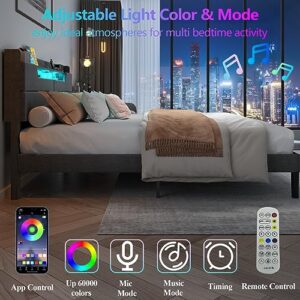 Gyfimoie Upholstered Queen Bed Frame with Adjustable Storage Headboard, Bed Frame Queen Size with Charging Station & LED RGB Light, Platform Bed Frame Wood Slates Support, No Spring Box Needed