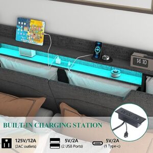 Gyfimoie Upholstered Queen Bed Frame with Adjustable Storage Headboard, Bed Frame Queen Size with Charging Station & LED RGB Light, Platform Bed Frame Wood Slates Support, No Spring Box Needed