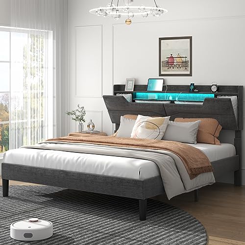 Gyfimoie Upholstered Queen Bed Frame with Adjustable Storage Headboard, Bed Frame Queen Size with Charging Station & LED RGB Light, Platform Bed Frame Wood Slates Support, No Spring Box Needed