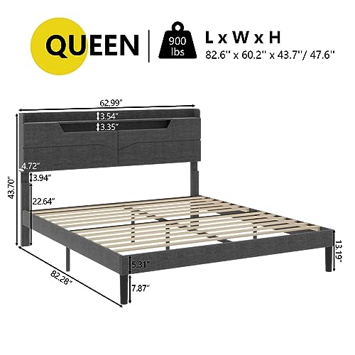 Gyfimoie Upholstered Queen Bed Frame with Adjustable Storage Headboard, Bed Frame Queen Size with Charging Station & LED RGB Light, Platform Bed Frame Wood Slates Support, No Spring Box Needed