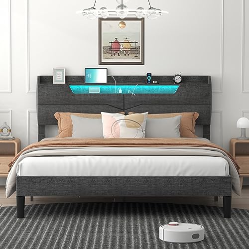 Gyfimoie Upholstered Queen Bed Frame with Adjustable Storage Headboard, Bed Frame Queen Size with Charging Station & LED RGB Light, Platform Bed Frame Wood Slates Support, No Spring Box Needed