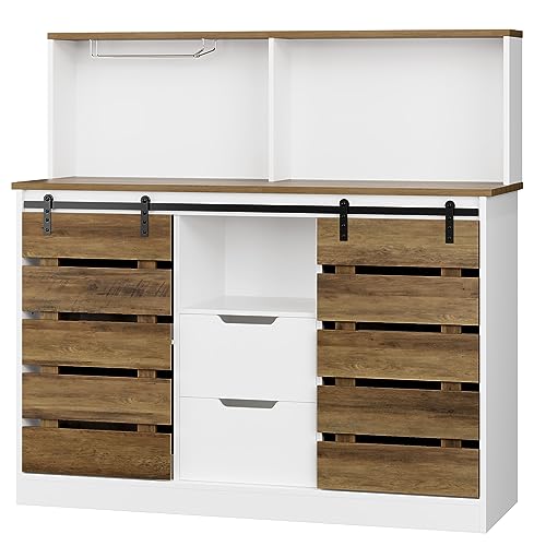 HOSTACK Farmhouse Coffee Bar Cabinet, 47" Sideboard Buffet Cabinet with Storage, Barn Doors Wine Bar Cabinet, Kitchen Buffet Table with Drawers|Adjustable Shelves for Dining Room, Kitchen, White