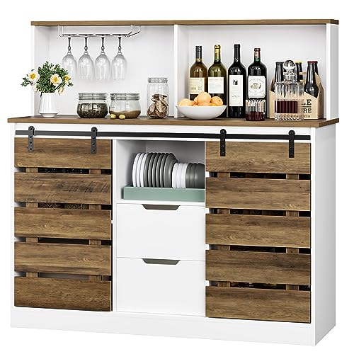 HOSTACK Farmhouse Coffee Bar Cabinet, 47" Sideboard Buffet Cabinet with Storage, Barn Doors Wine Bar Cabinet, Kitchen Buffet Table with Drawers|Adjustable Shelves for Dining Room, Kitchen, White