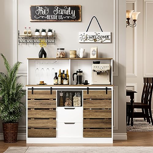 HOSTACK Farmhouse Coffee Bar Cabinet, 47" Sideboard Buffet Cabinet with Storage, Barn Doors Wine Bar Cabinet, Kitchen Buffet Table with Drawers|Adjustable Shelves for Dining Room, Kitchen, White