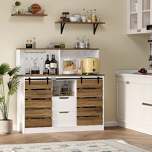 HOSTACK Farmhouse Coffee Bar Cabinet, 47" Sideboard Buffet Cabinet with Storage, Barn Doors Wine Bar Cabinet, Kitchen Buffet Table with Drawers|Adjustable Shelves for Dining Room, Kitchen, White