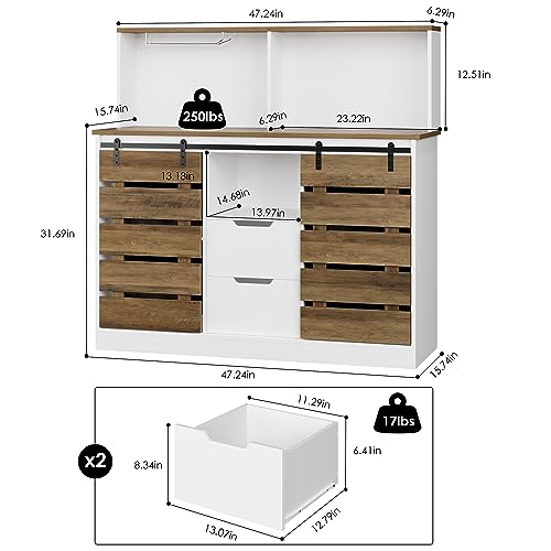 HOSTACK Farmhouse Coffee Bar Cabinet, 47" Sideboard Buffet Cabinet with Storage, Barn Doors Wine Bar Cabinet, Kitchen Buffet Table with Drawers|Adjustable Shelves for Dining Room, Kitchen, White