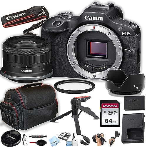 Canon EOS R100 Mirrorless Camera with 18-45mm Lens + 64GB Memory Card, Case, Hood, Grip-Pod, Filter Professional Photo Bundle (Renewed)