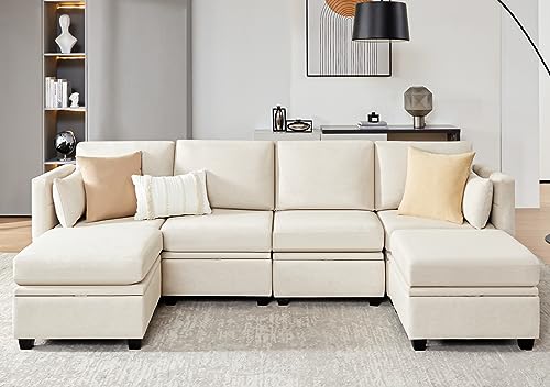 Weture Modular Sectional Sofa, Convertible U Shaped Sofa Couch with Storage, High Supportive & Soft Sponges, 6 Seat Modular Sectionals Sofa Couch with Chaise for Living Room, Beige