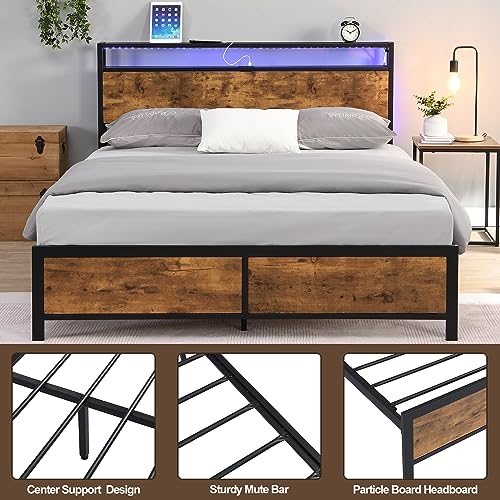 Modern Industrial Queen Bed Frame with LED Lights and 2 USB Ports, Metal Platform Bed Frame Queen Size with Storage, Noise Free, No Box Spring Needed, Strong Steel Slats Support, Rustic Brown (Queen)