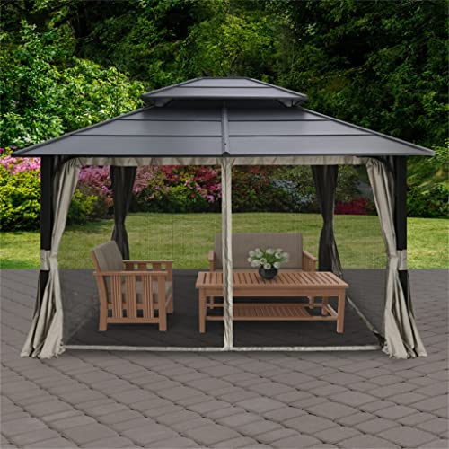 UXZDX 12 Ft. W X 14 Ft. D Metal Black 2-Tier Double Roof Patio Gazebo with Curtains and Netting (Color : D, Size : 12 Ft. W X 14 Ft)