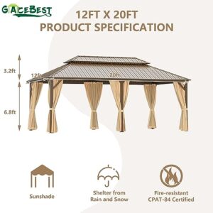 GAZEBEST 12x20 ft Hardtop Gazebo Outdoor Aluminum Patio Gazebo Double Roof Galvanized Steel Gazebo Canopy with Netting and Curtains,for Garden Patio,Patio Backyard,Deck and Lawns