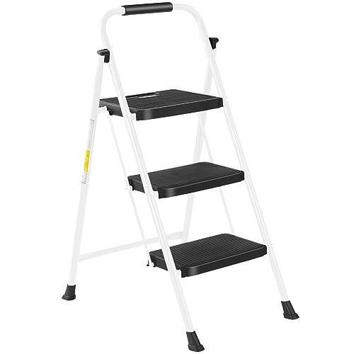 Lifetime Home 3-Step Ladder with Wide Anti-Slip Platform & Thick Rubber Feet - Lightweight Heavy Duty Foldable & Portable - 330 lbs Capacity, Steel Frame, Rubber Handgrip, Folding Step Stool - White