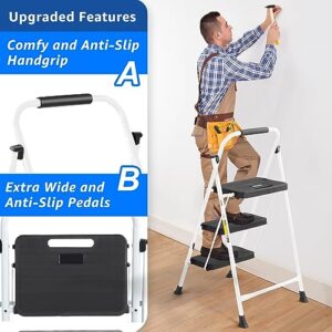 Lifetime Home 3-Step Ladder with Wide Anti-Slip Platform & Thick Rubber Feet - Lightweight Heavy Duty Foldable & Portable - 330 lbs Capacity, Steel Frame, Rubber Handgrip, Folding Step Stool - White