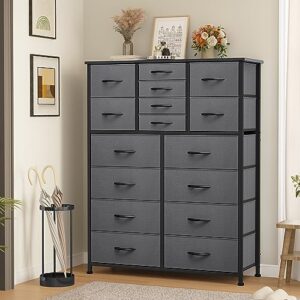 YITAHOME 16 Drawer Dresser, Tall Fabric Dresser for Bedroom, Large Chest of Drawers, Gray Dresser for Bedroom Closet Living Room Entryway with Sturdy Metal Frame and Wooden Top (Black Gray)