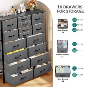 YITAHOME 16 Drawer Dresser, Tall Fabric Dresser for Bedroom, Large Chest of Drawers, Gray Dresser for Bedroom Closet Living Room Entryway with Sturdy Metal Frame and Wooden Top (Black Gray)