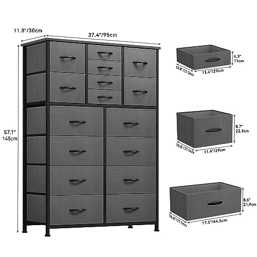 YITAHOME 16 Drawer Dresser, Tall Fabric Dresser for Bedroom, Large Chest of Drawers, Gray Dresser for Bedroom Closet Living Room Entryway with Sturdy Metal Frame and Wooden Top (Black Gray)