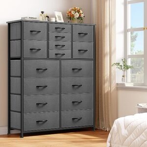 YITAHOME 16 Drawer Dresser, Tall Fabric Dresser for Bedroom, Large Chest of Drawers, Gray Dresser for Bedroom Closet Living Room Entryway with Sturdy Metal Frame and Wooden Top (Black Gray)