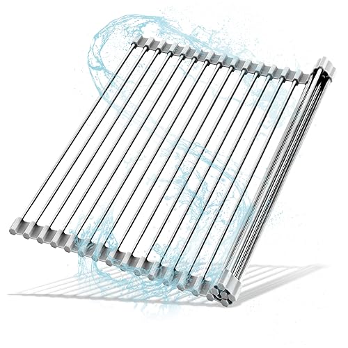 cenivi Roll up Dish Drying Rack, 18.5'' L x 15.7'' W Stainless Steel Dish Rack, Large Foldable Dish Drying Rack for Kitchen, Air-Drying Tool for Knives, Forks, Dishes