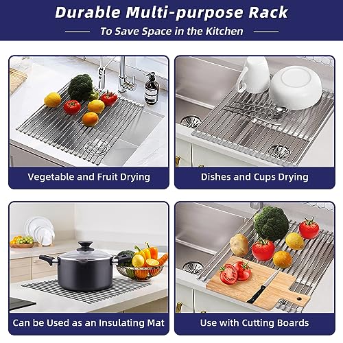 cenivi Roll up Dish Drying Rack, 18.5'' L x 15.7'' W Stainless Steel Dish Rack, Large Foldable Dish Drying Rack for Kitchen, Air-Drying Tool for Knives, Forks, Dishes