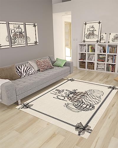 Thanksgiving Fall Large Rectangular Area Rugs 5' x 7' Living Room, Boho Polka Dot Pumpkin Black Gingham Durable Non Slip Rug Carpet Floor Mat for Bedroom Bedside Outdoor