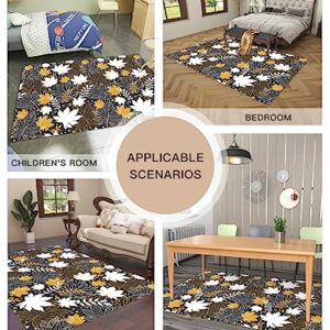 Autumn Maple Leaves Large Rectangular Area Rugs 5' x 7' Living Room, Yellow White Gold Leaf Black Backdrop Durable Non Slip Rug Carpet Floor Mat for Bedroom Bedside Outdoor