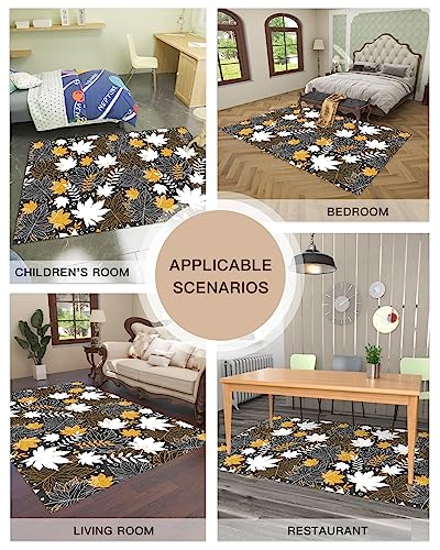 Autumn Maple Leaves Large Rectangular Area Rugs 5' x 7' Living Room, Yellow White Gold Leaf Black Backdrop Durable Non Slip Rug Carpet Floor Mat for Bedroom Bedside Outdoor