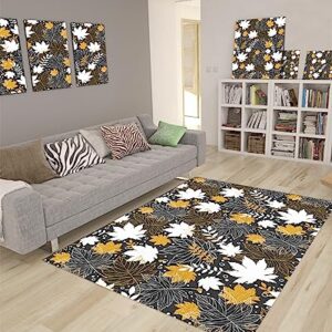 Autumn Maple Leaves Large Rectangular Area Rugs 5' x 7' Living Room, Yellow White Gold Leaf Black Backdrop Durable Non Slip Rug Carpet Floor Mat for Bedroom Bedside Outdoor