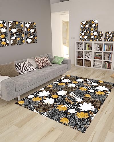 Autumn Maple Leaves Large Rectangular Area Rugs 5' x 7' Living Room, Yellow White Gold Leaf Black Backdrop Durable Non Slip Rug Carpet Floor Mat for Bedroom Bedside Outdoor