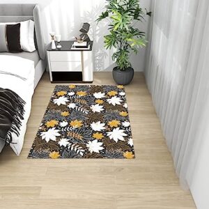 Autumn Maple Leaves Large Rectangular Area Rugs 5' x 7' Living Room, Yellow White Gold Leaf Black Backdrop Durable Non Slip Rug Carpet Floor Mat for Bedroom Bedside Outdoor