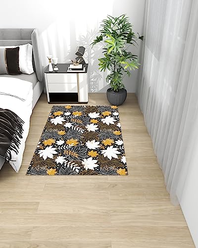 Autumn Maple Leaves Large Rectangular Area Rugs 5' x 7' Living Room, Yellow White Gold Leaf Black Backdrop Durable Non Slip Rug Carpet Floor Mat for Bedroom Bedside Outdoor