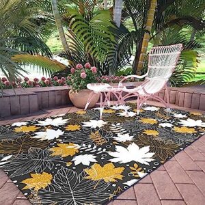 Autumn Maple Leaves Large Rectangular Area Rugs 5' x 7' Living Room, Yellow White Gold Leaf Black Backdrop Durable Non Slip Rug Carpet Floor Mat for Bedroom Bedside Outdoor