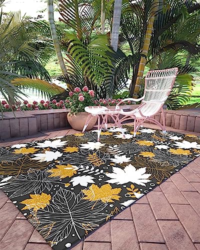 Autumn Maple Leaves Large Rectangular Area Rugs 5' x 7' Living Room, Yellow White Gold Leaf Black Backdrop Durable Non Slip Rug Carpet Floor Mat for Bedroom Bedside Outdoor