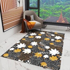 Autumn Maple Leaves Large Rectangular Area Rugs 5' x 7' Living Room, Yellow White Gold Leaf Black Backdrop Durable Non Slip Rug Carpet Floor Mat for Bedroom Bedside Outdoor