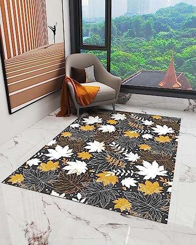 Autumn Maple Leaves Large Rectangular Area Rugs 5' x 7' Living Room, Yellow White Gold Leaf Black Backdrop Durable Non Slip Rug Carpet Floor Mat for Bedroom Bedside Outdoor