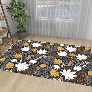 Autumn Maple Leaves Large Rectangular Area Rugs 5' x 7' Living Room, Yellow White Gold Leaf Black Backdrop Durable Non Slip Rug Carpet Floor Mat for Bedroom Bedside Outdoor