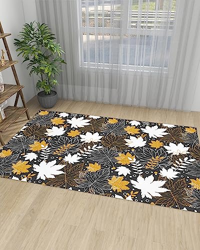 Autumn Maple Leaves Large Rectangular Area Rugs 5' x 7' Living Room, Yellow White Gold Leaf Black Backdrop Durable Non Slip Rug Carpet Floor Mat for Bedroom Bedside Outdoor