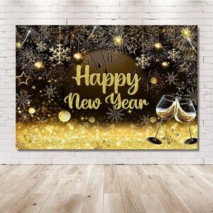 Mehofond 7x5ft Happy New Year Black and Gold Backdrop Countdown 2024 New Year Eve Snowflake Gold Gliter Background Champagne Party Banner Decoration Supplies Photo Booth Props