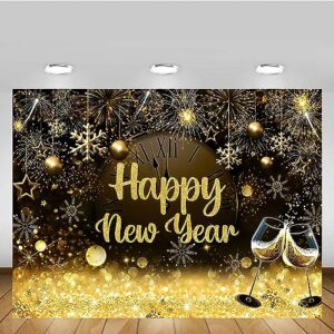 Mehofond 7x5ft Happy New Year Black and Gold Backdrop Countdown 2024 New Year Eve Snowflake Gold Gliter Background Champagne Party Banner Decoration Supplies Photo Booth Props