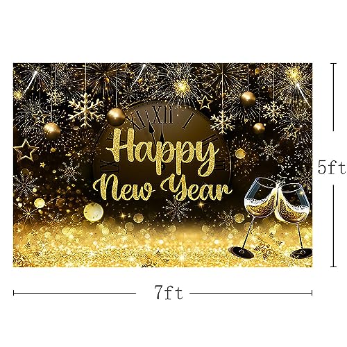 Mehofond 7x5ft Happy New Year Black and Gold Backdrop Countdown 2024 New Year Eve Snowflake Gold Gliter Background Champagne Party Banner Decoration Supplies Photo Booth Props