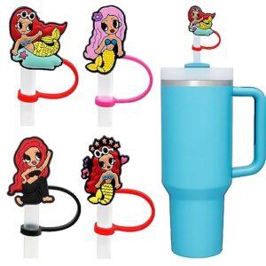 amreich straw cover,4 pcs straw topper for stanley cup 30oz & 40oz tumbler with handle, mermaid design silicon straw cap for 10mm straws reuseable drink straw tips lids dust-proof straw accessories