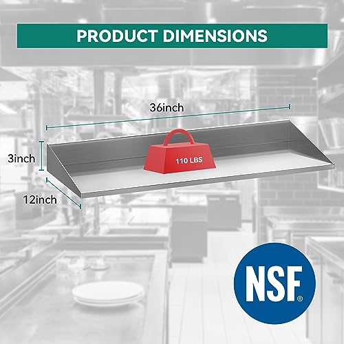 YITAHOME Stainless Steel Shelf 12 x 36 Inches, Wall Mount Metal Floating Sheld with Transparent Silicone Mat, NSF Commercial Kitchen Shelving Rack for Storage, Restaurant, Home, Hotel, Garage