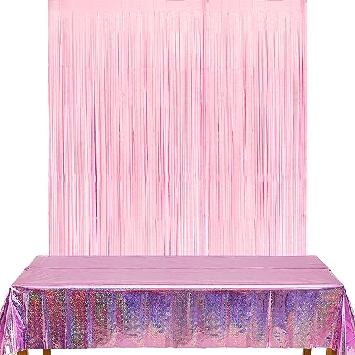 GREATRIL Pastel Pink Foil Fringe Curtains 2 Packs and Pink Party Table Cloths 2 Packs for Party Backdrop Decorations