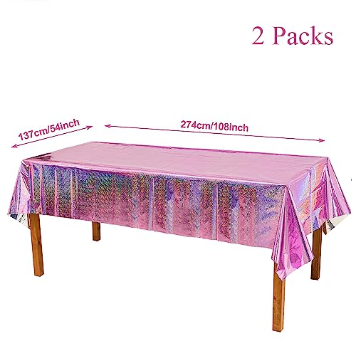 GREATRIL Pastel Pink Foil Fringe Curtains 2 Packs and Pink Party Table Cloths 2 Packs for Party Backdrop Decorations