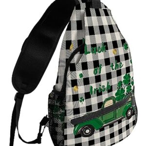 Gsypo Sling Backpack, St. Patrick's Day Lucky Of The Irish Black Buffalo Plaid Waterproof Lightweight Small Sling Bag, Travel Chest Bag Crossbody Shoulder Bag Hiking Daypack for Women Men