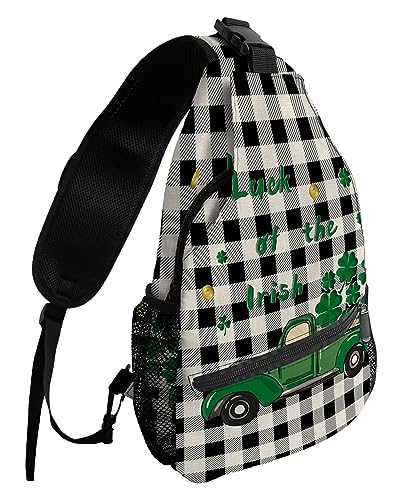 Gsypo Sling Backpack, St. Patrick's Day Lucky Of The Irish Black Buffalo Plaid Waterproof Lightweight Small Sling Bag, Travel Chest Bag Crossbody Shoulder Bag Hiking Daypack for Women Men