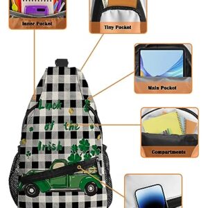 Gsypo Sling Backpack, St. Patrick's Day Lucky Of The Irish Black Buffalo Plaid Waterproof Lightweight Small Sling Bag, Travel Chest Bag Crossbody Shoulder Bag Hiking Daypack for Women Men