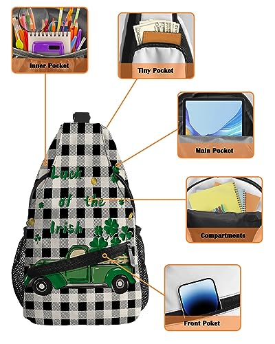 Gsypo Sling Backpack, St. Patrick's Day Lucky Of The Irish Black Buffalo Plaid Waterproof Lightweight Small Sling Bag, Travel Chest Bag Crossbody Shoulder Bag Hiking Daypack for Women Men