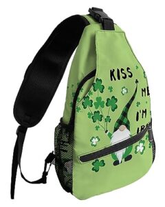 sling backpack, st patrick's day kiss me i'm irish shamrock dwarf green background waterproof lightweight small sling bag, travel chest bag crossbody shoulder bag hiking daypack for women men