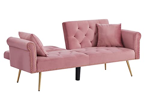 ERYE Futon Sofa Loveseat Convertible Sleeper Couch Bed for Small Space Apartment Office Living Room Furniture Sets Sofabed, Pink Velvet with 2 Pillows 5 Legs Nailhead Decor