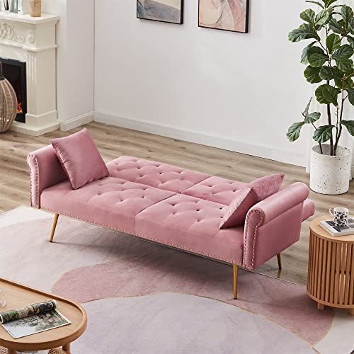 ERYE Futon Sofa Loveseat Convertible Sleeper Couch Bed for Small Space Apartment Office Living Room Furniture Sets Sofabed, Pink Velvet with 2 Pillows 5 Legs Nailhead Decor